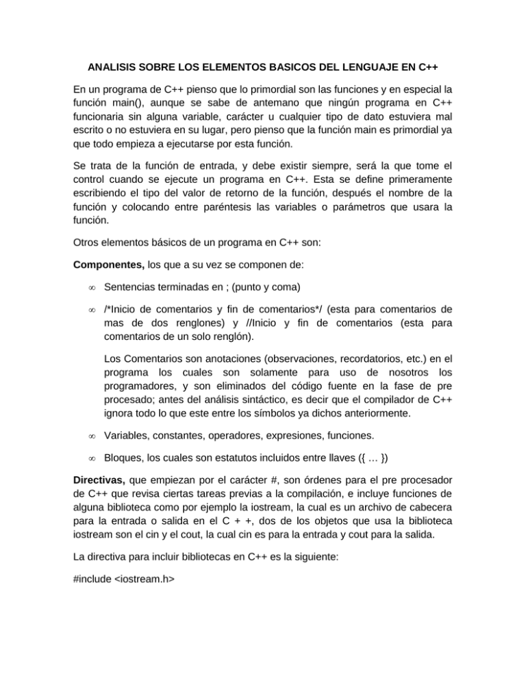 Análisis sobre los elementos básicos del lenguaje en C++