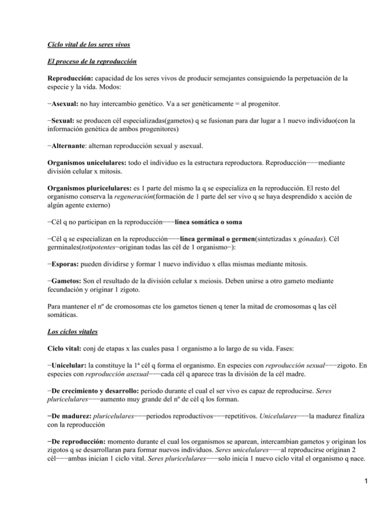 Ciclo vital y reproducción de los seres vivos
