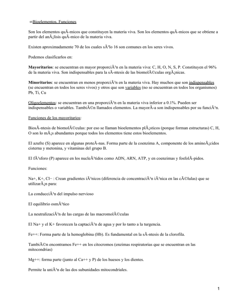 Bioelementos. Funciones