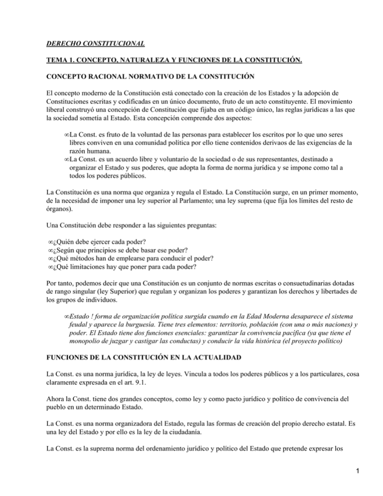 DERECHO CONSTITUCIONAL TEMA 1. CONCEPTO, NATURALEZA Y FUNCIONES DE LA ...