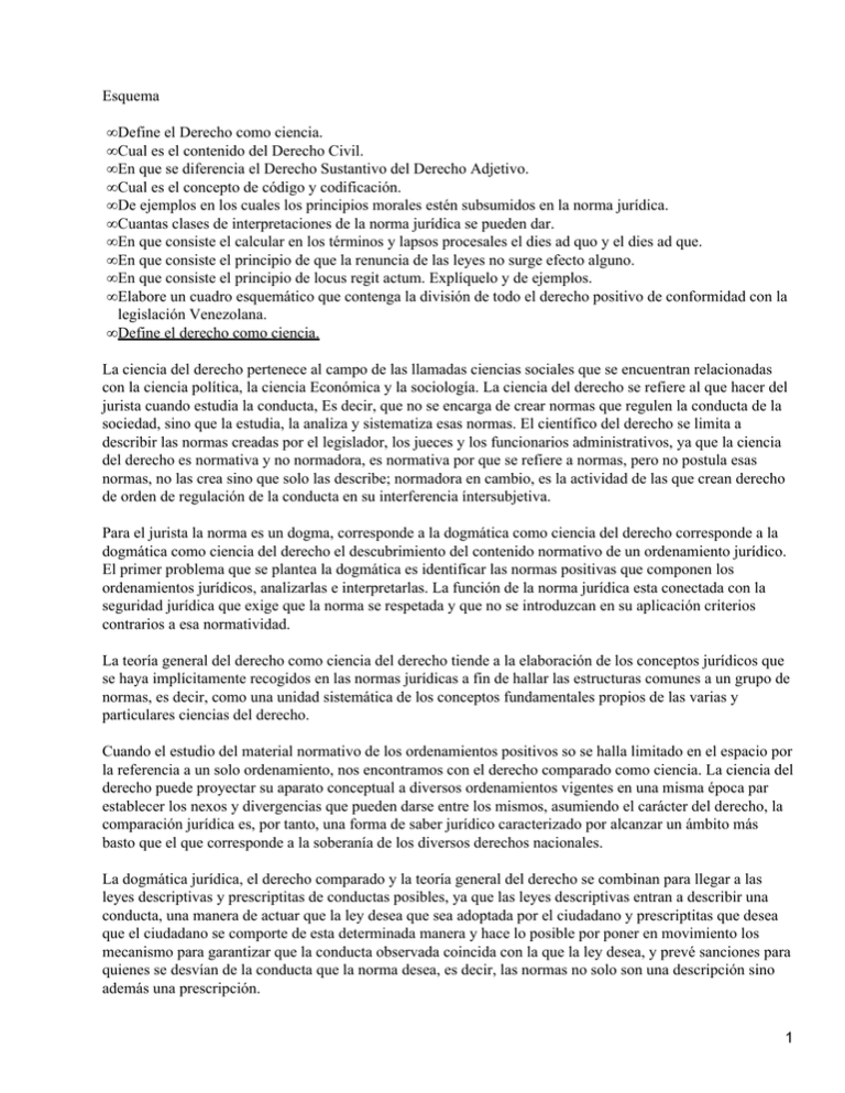 Esquema Define el Derecho como ciencia.