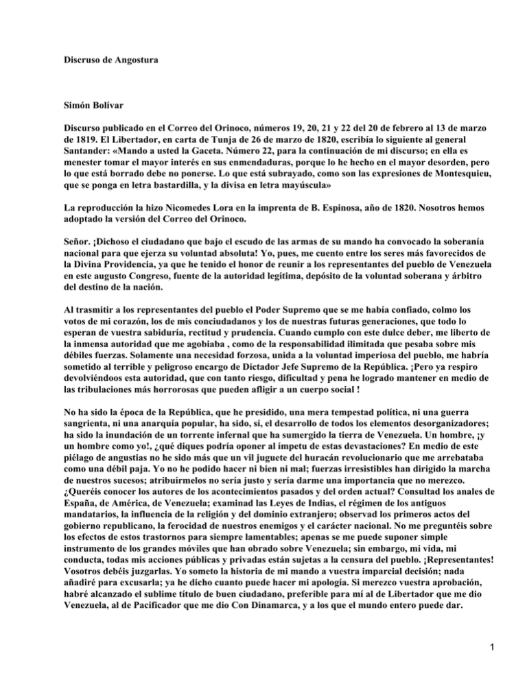 Discurso de Angostura; Simón Bolivar