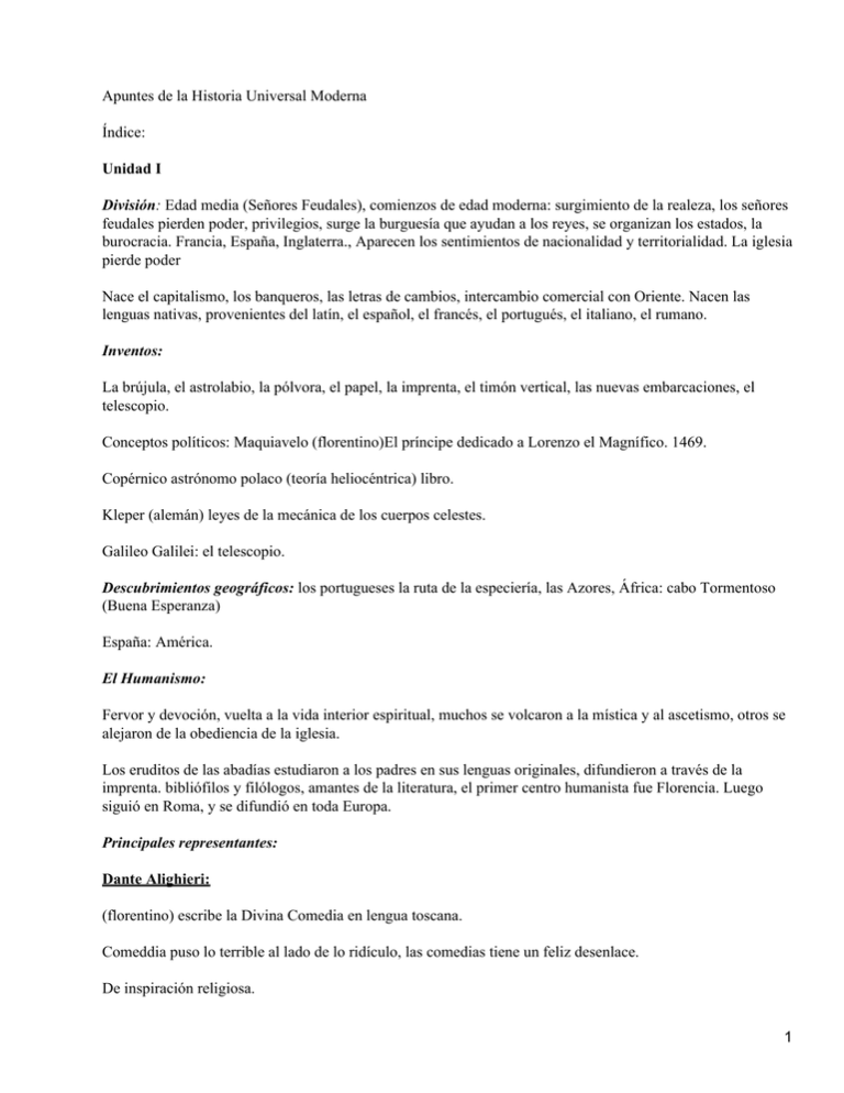Apuntes de la Historia Universal Moderna Índice: Unidad I