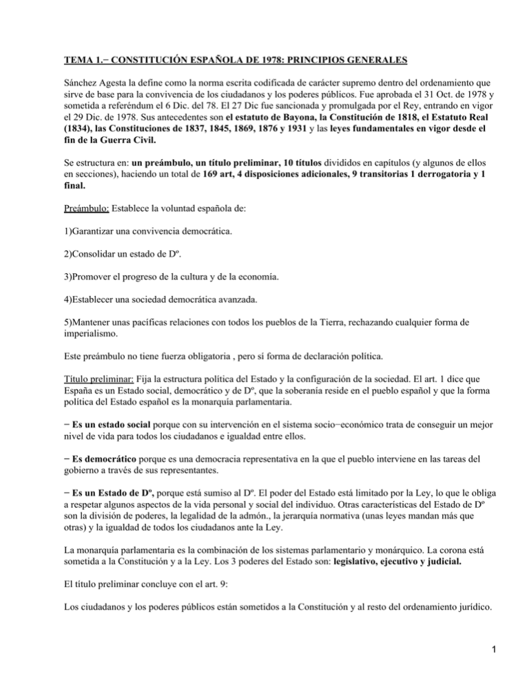 TEMA 1.− CONSTITUCIÓN ESPAÑOLA DE 1978: PRINCIPIOS GENERALES