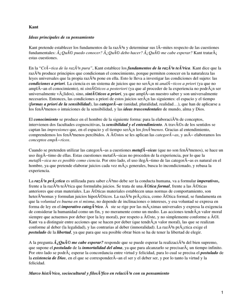 Kant Ideas principales de su pensamiento