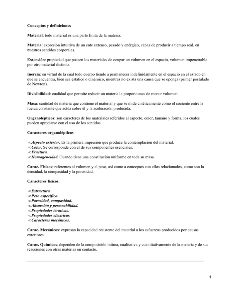 Conceptos y definiciones Material Materia Extensión