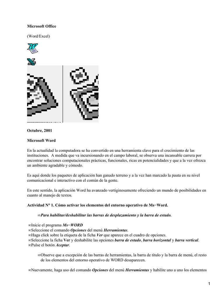 Microsoft Office Octubre, 2001 Microsoft Word (Word/Excel)