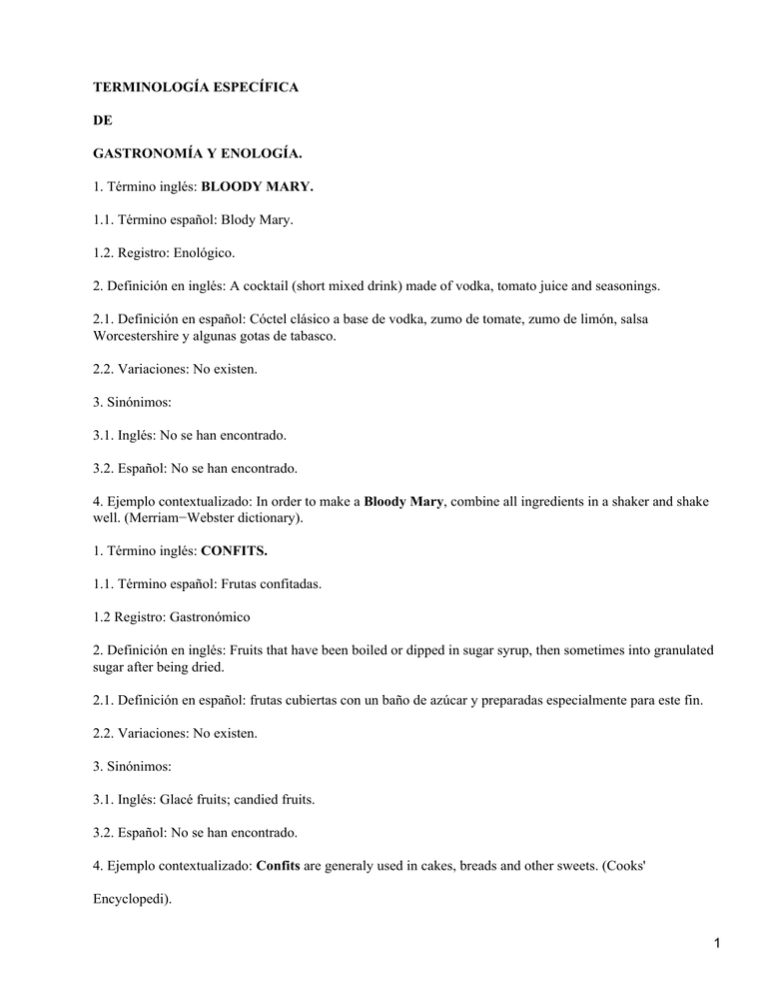 Terminología específica de gastronomía y enología