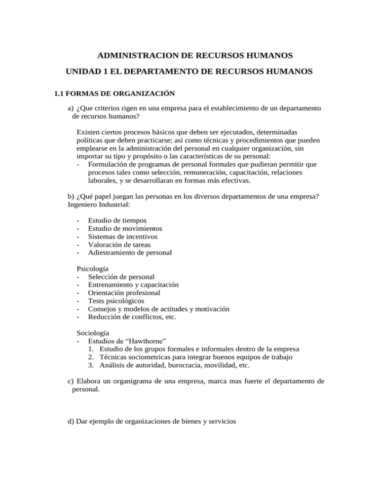 ADMINISTRACION DE RECURSOS HUMANOS UNIDAD 1 EL DEPARTAMENTO DE RECURSOS HUMANOS