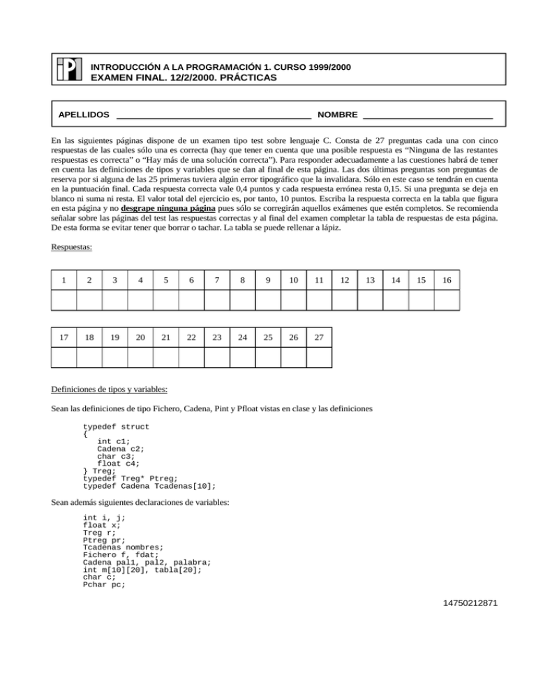Introducción a la programación. Examen final