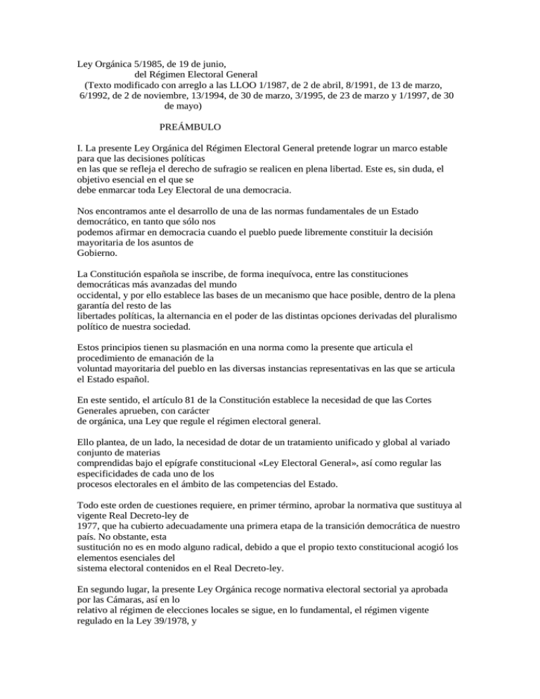 Ley Orgánica 5/1985, de 19 de junio, del Régimen Electoral General