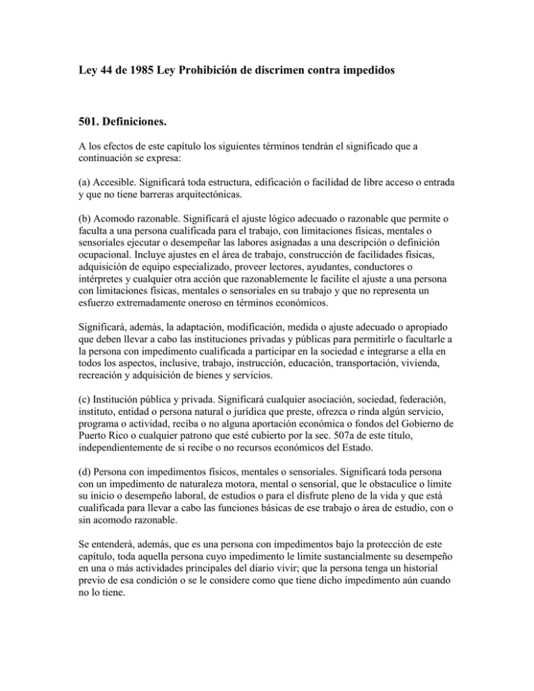 Ley 44 de 1985 Ley Prohibición de discrimen contra impedidos