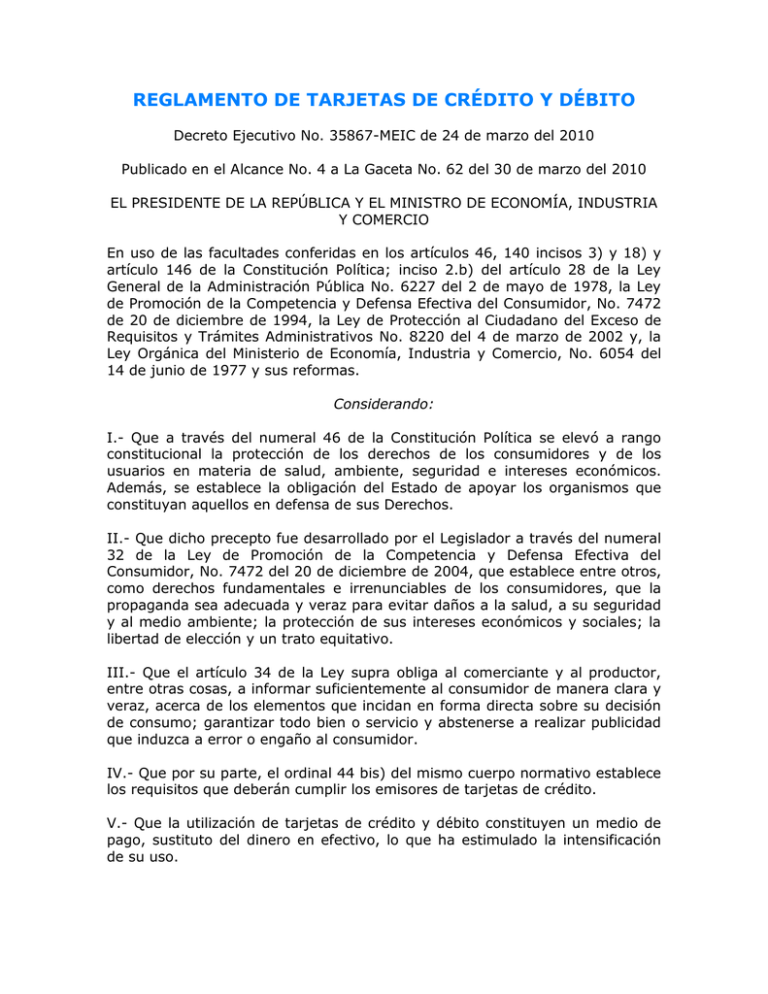 REGLAMENTO DE TARJETAS DE CRÉDITO Y DÉBITO