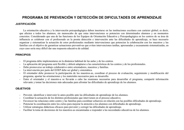 Programa Prevención y detección de dificultades