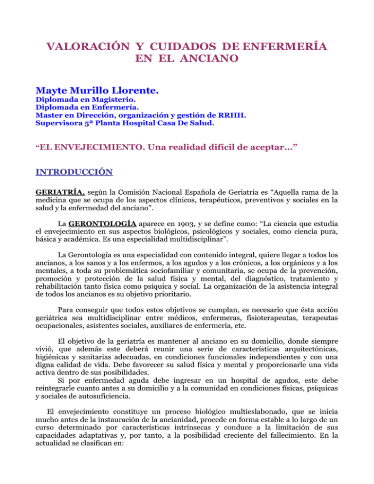 VALORACIÓN Y CUIDADOS DE ENFERMERÍA EN EL ANCIANO