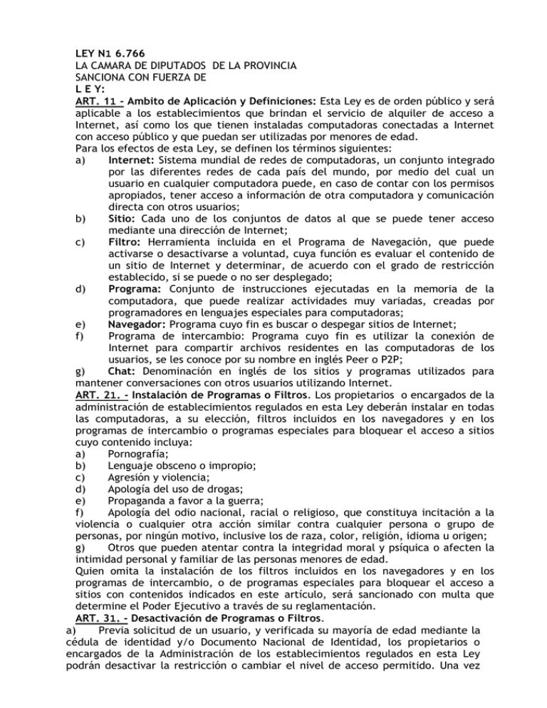 Ley 6766 Reglamentación Para Cyber´s