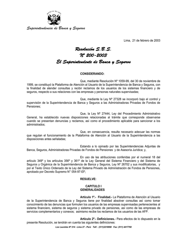 Nº 200-2003 - Superintendencia de Banca y Seguros