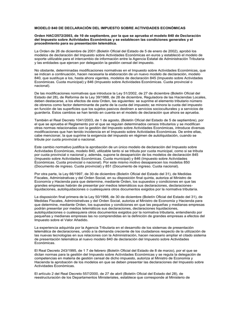 MODELO 840 DE DECLARACIÓN DEL IMPUESTO SOBRE ACTIVIDADES ECONÓMICAS