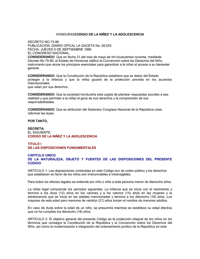 HONDURAS CODIGO DE LA NIÑEZ Y LA ADOLESCENCIA