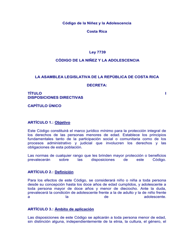 Código de la Niñez y la Adolescencia Costa Rica