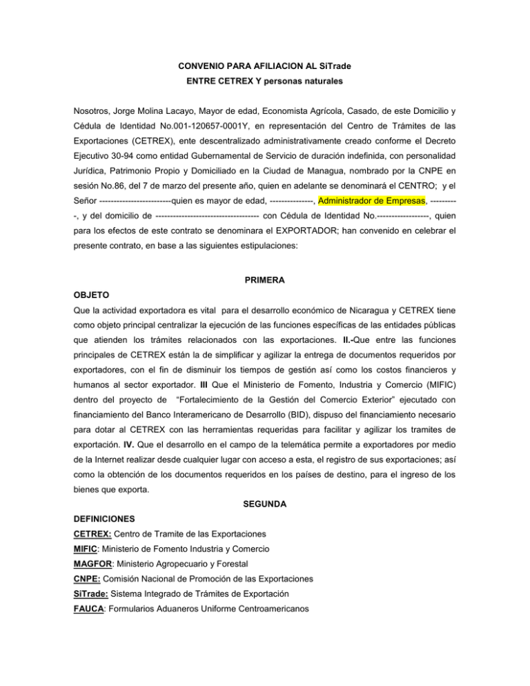 CONVENIO ENTRE CETREX Y (cualquier persona natural que
