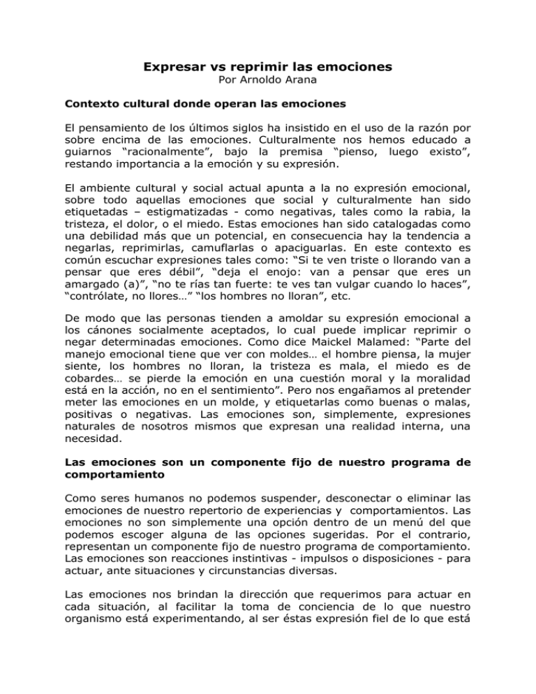 Expresar vs reprimir las emociones Por Arnoldo Arana Contexto