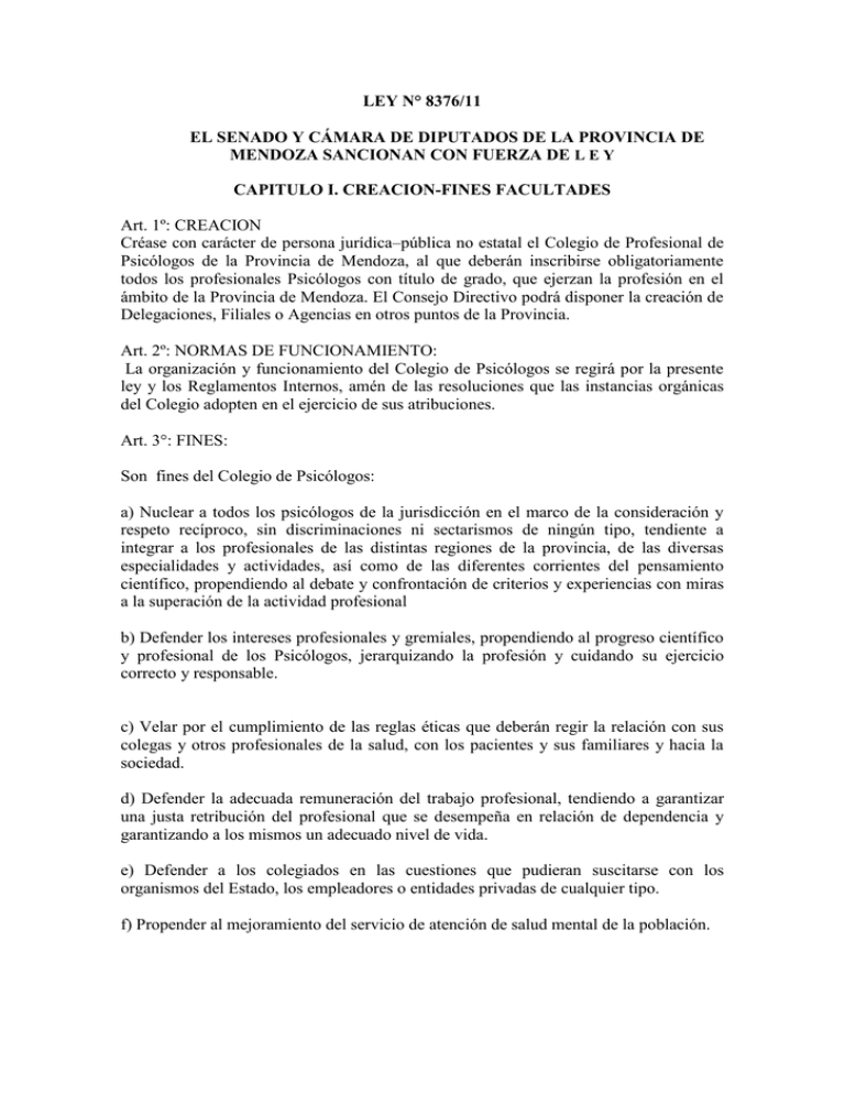 Ley Del Colegio Profesional De Psicólogos De Mendoza