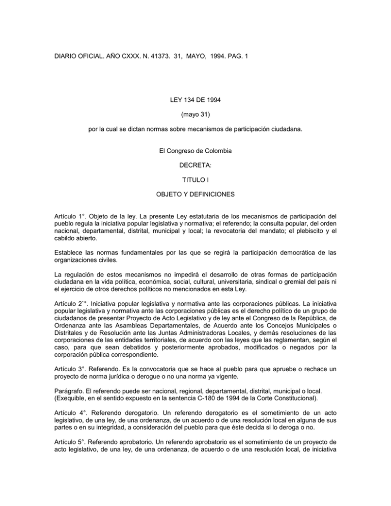 Ley 134/94 - Sobre mecanismos de participacion ciudadana