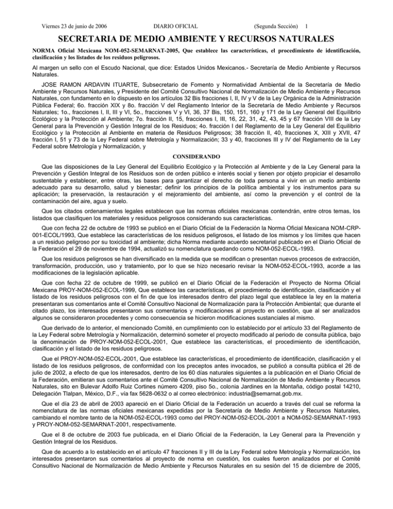 Norma Oficial Mexicana (NOM-052-SEMARNAT-2005)