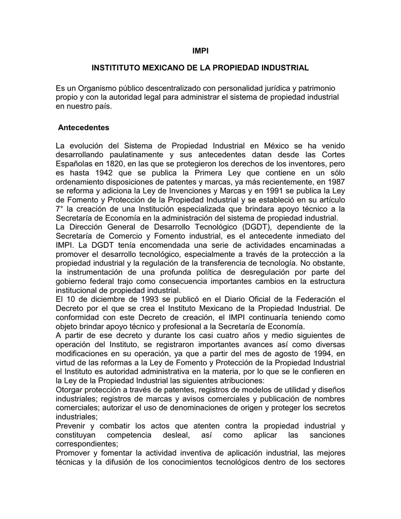 IMPI INSTITITUTO MEXICANO DE LA PROPIEDAD INDUSTRIAL Es