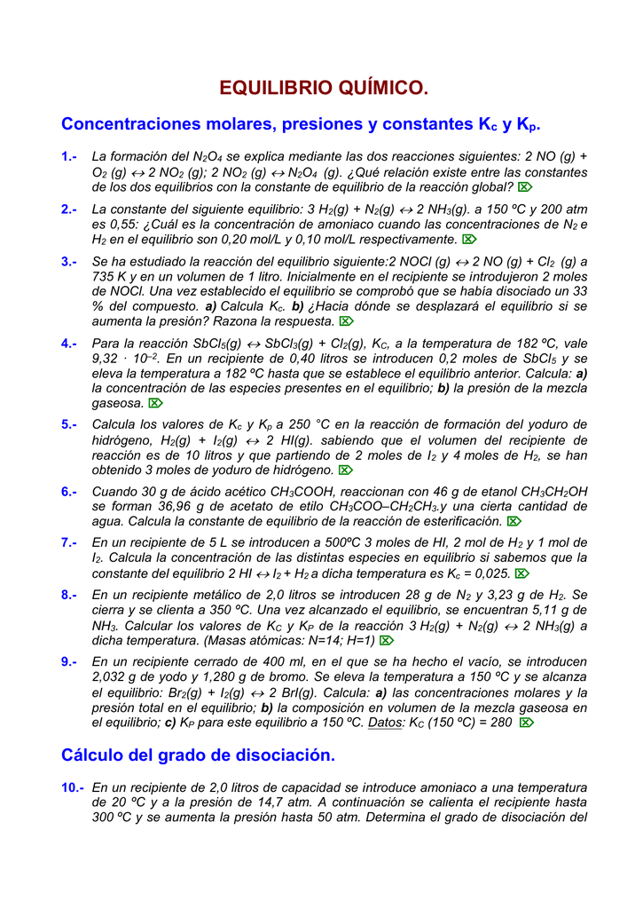 Equilibrio QuÍmico Concentraciones Molares Presiones Y Constantes K Y K