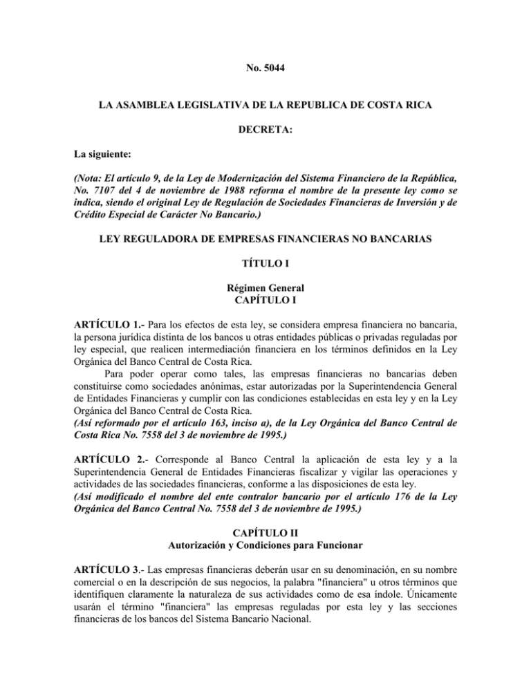 Ley Reguladora de Empresas Financieras No Bancarias