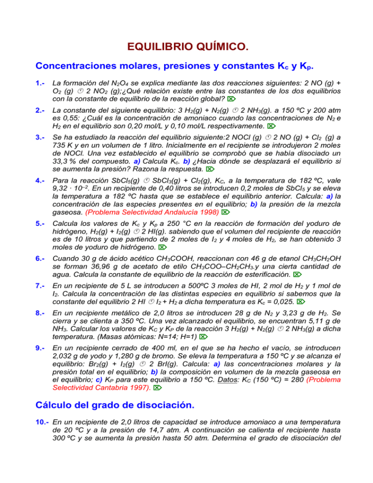 Equilibrio QuÍmico Concentraciones Molares Presiones Y Constantes K Y K