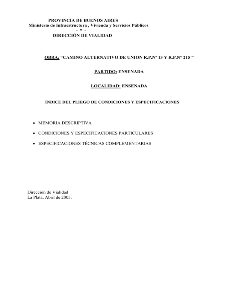 índice del pliego de condiciones y