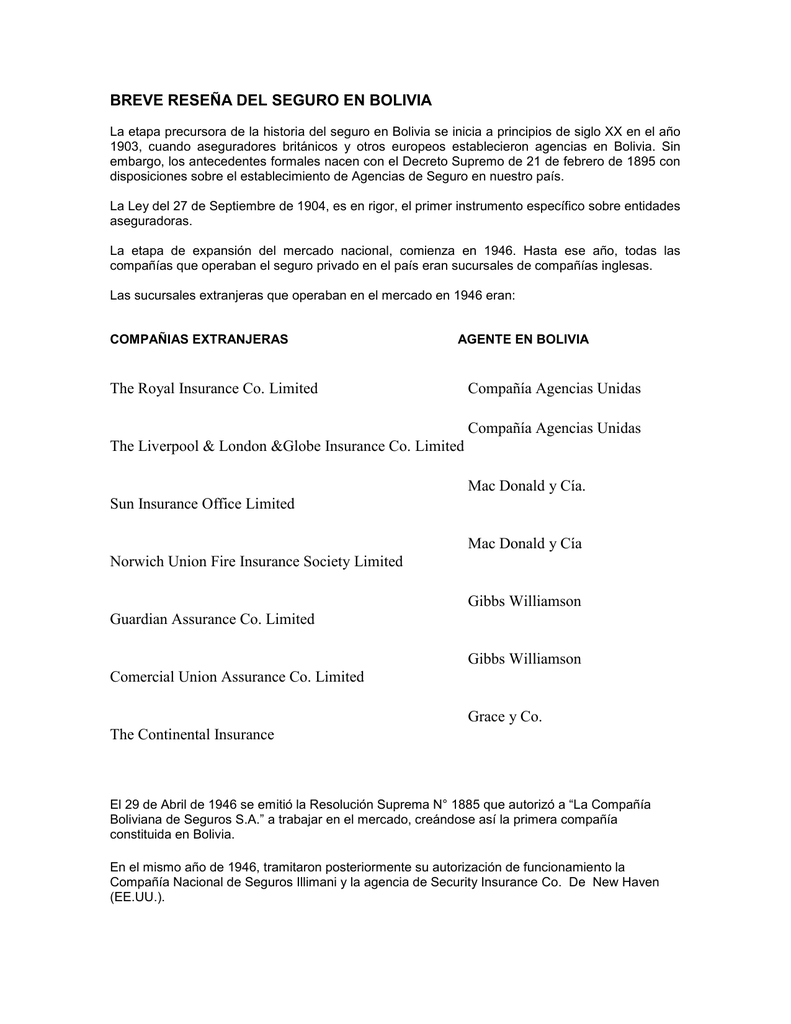 BREVE RESEÑA DEL SEGURO EN BOLIVIA La etapa precursora