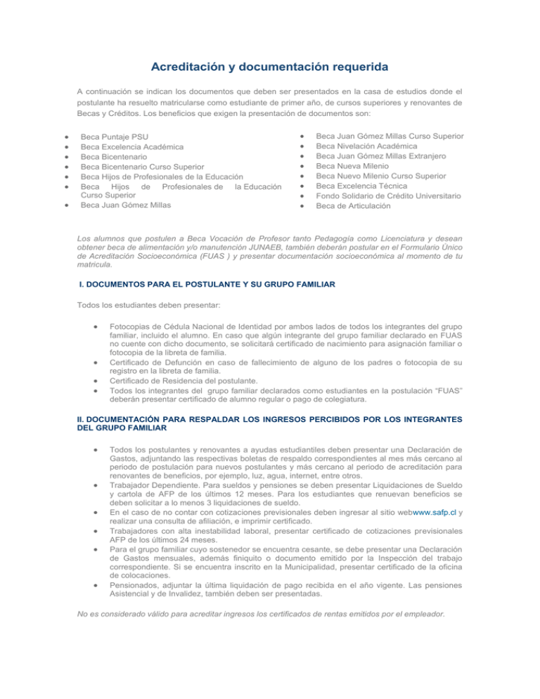 Acreditación y documentación requerida
