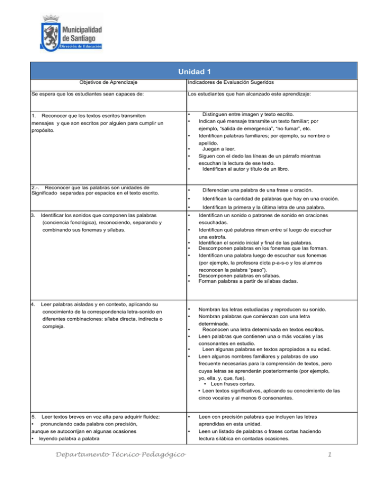 Objetivos de Aprendizaje Lenguaje 1º básico