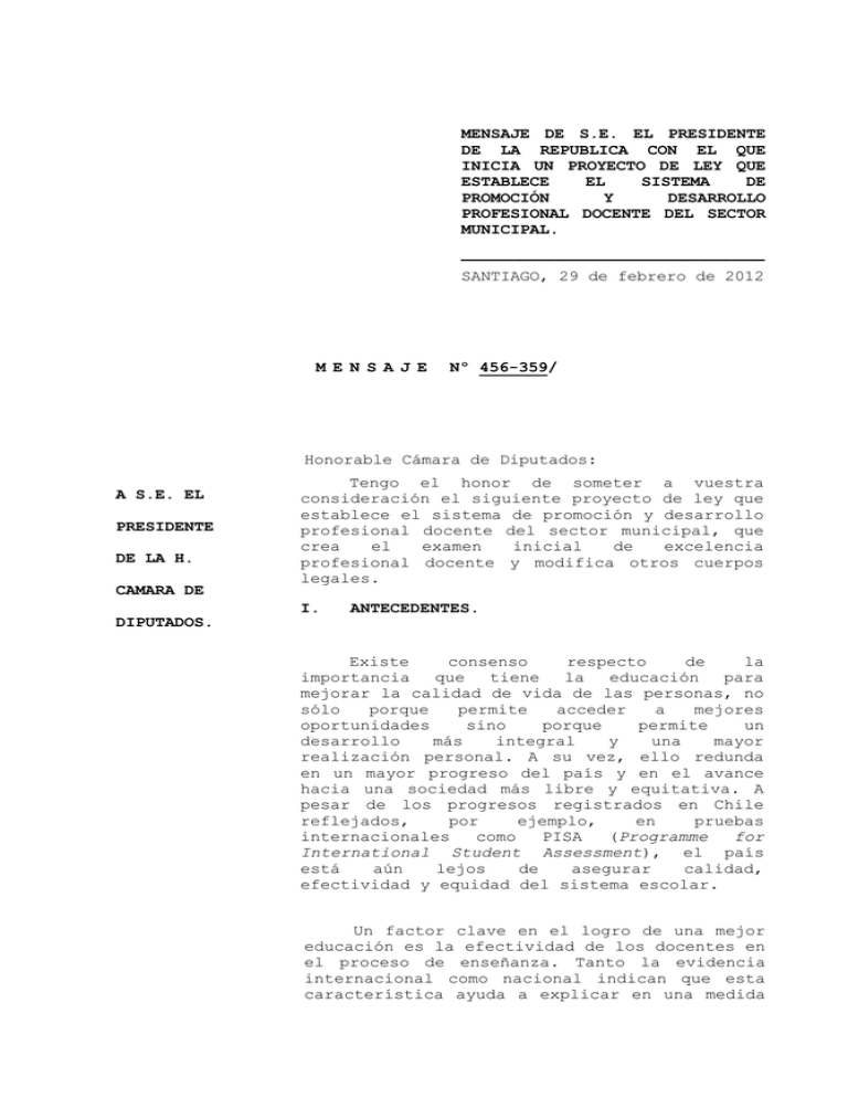 MENSAJE DE S.E. EL PRESIDENTE ESTABLECE MENSAJE DE S.E. EL PRESIDENTE ESTABLECE