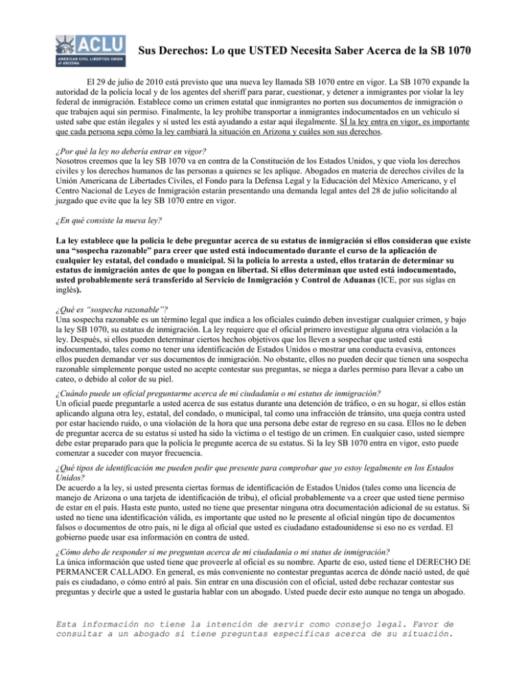 Lo que USTED Necesita Saber Acerca de la SB 1070