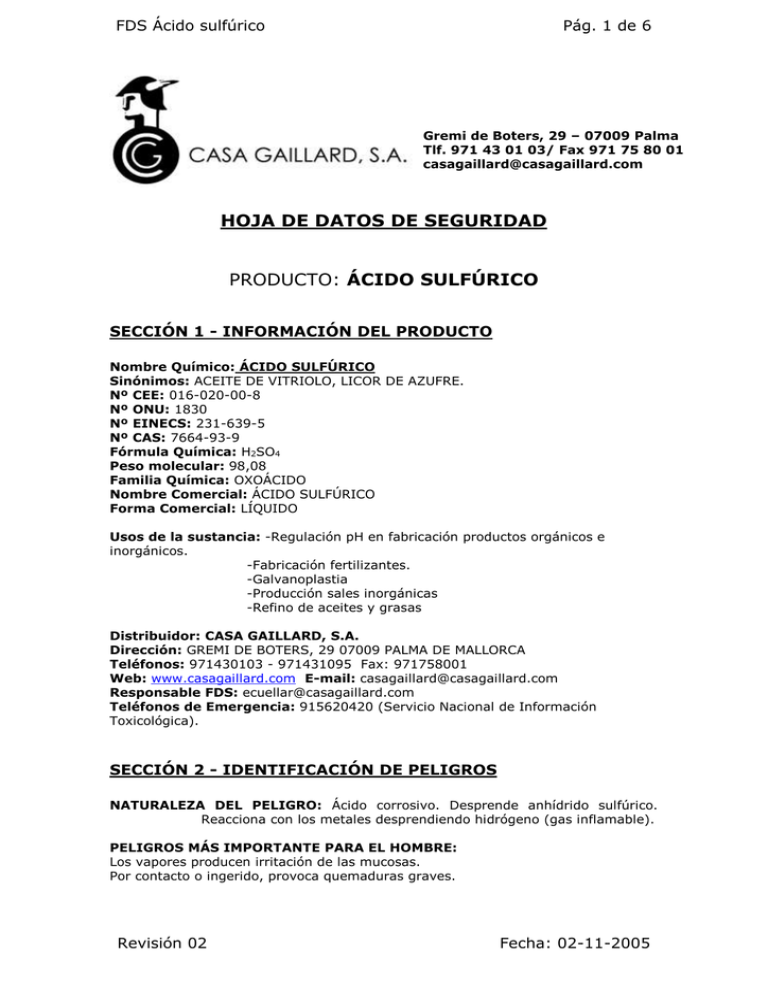 HOJA DE DATOS DE SEGURIDAD ÁCIDO SULFÚRICO