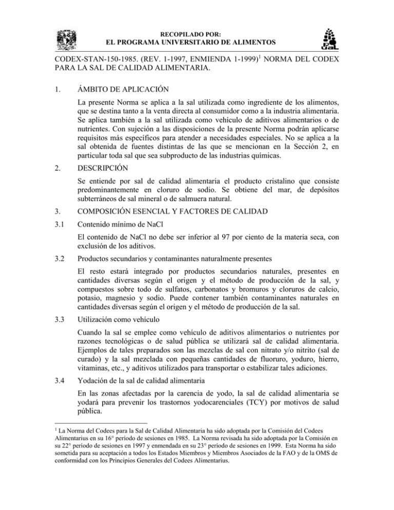 NORMA DEL CODEX PARA LA SAL DE CALIDAD ALIMENTARIA