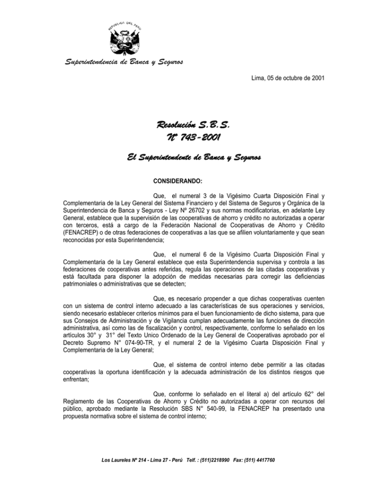 Sistema de control interno - Superintendencia de Banca y Seguros