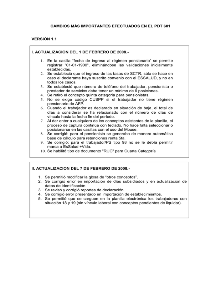cambios efectuados en el pdt 601 a través de las actualizaciones