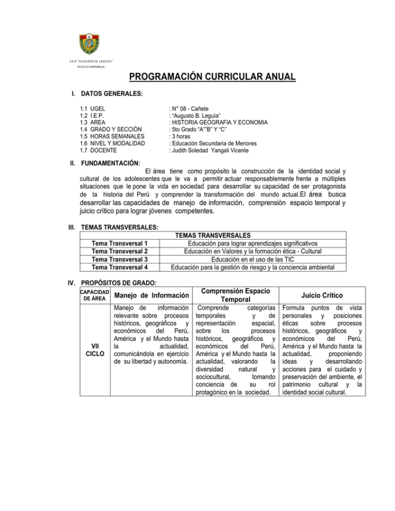 PROGRAMACIÓN CURRICULAR ANUAL DATOS GENERALES
