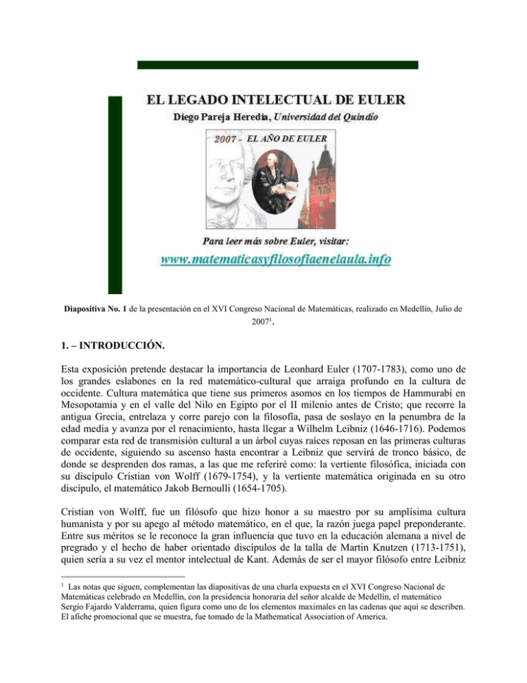 EL LEGADO INTELECTUAL DE EULER - Matemáticas y Filosofía en