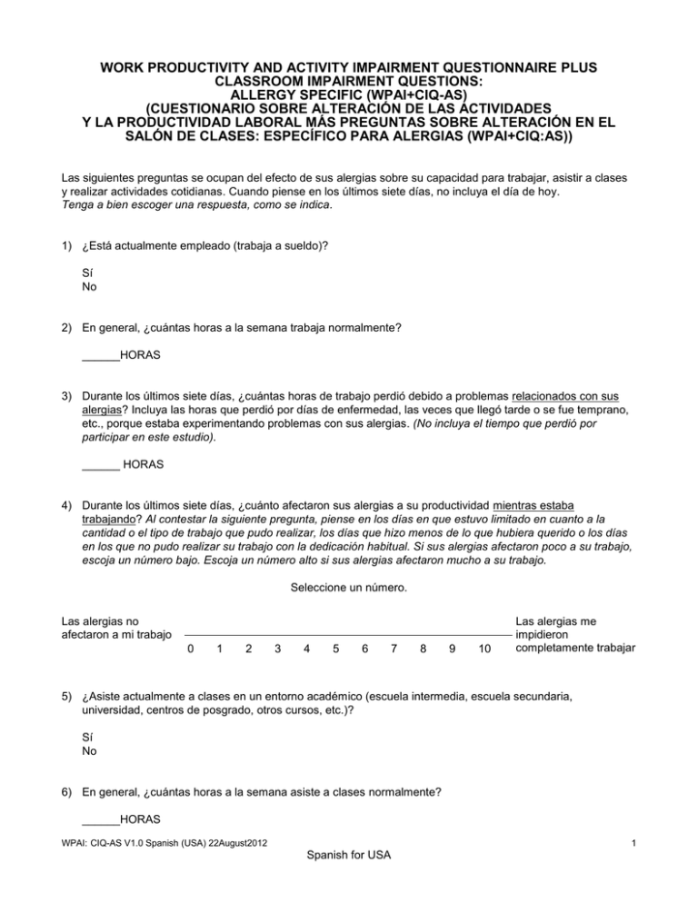 WORK PRODUCTIVITY AND ACTIVITY IMPAIRMENT QUESTIONNAIRE PLUS CLASSROOM ...