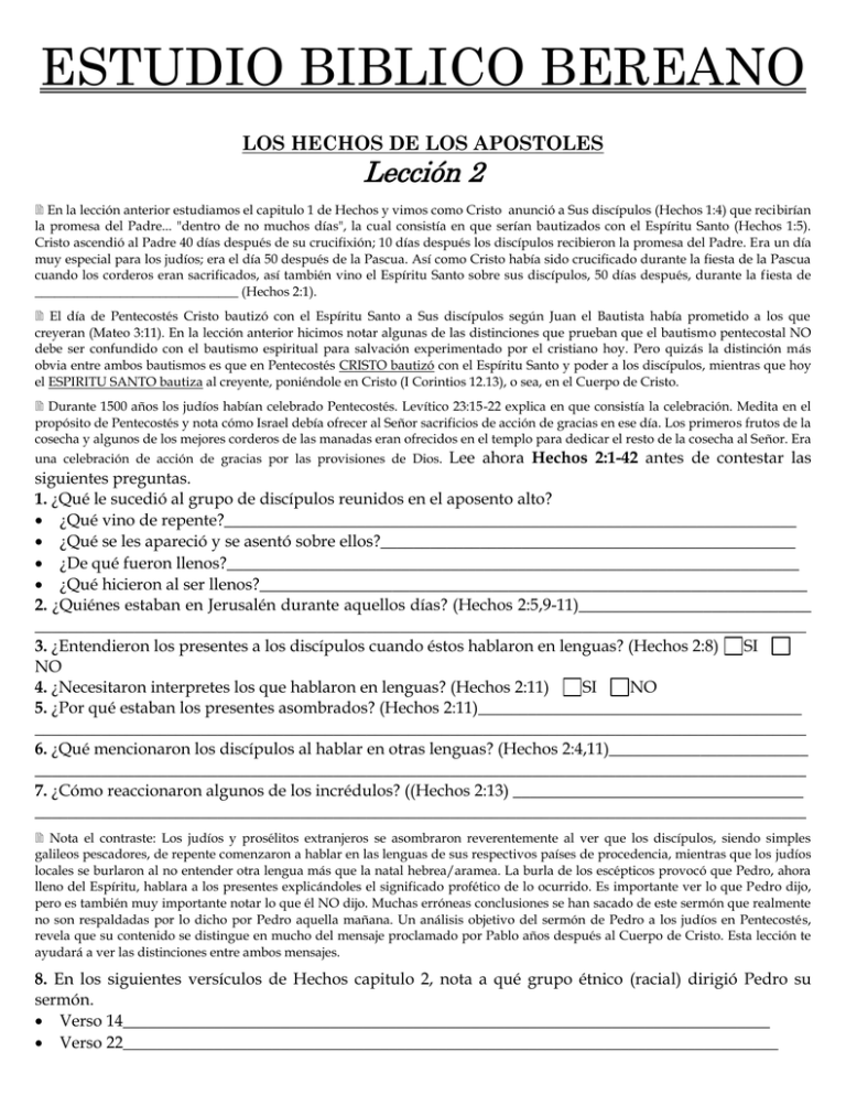ESTUDIO BIBLICO BEREANO Lección 2 LOS HECHOS DE LOS APOSTOLES