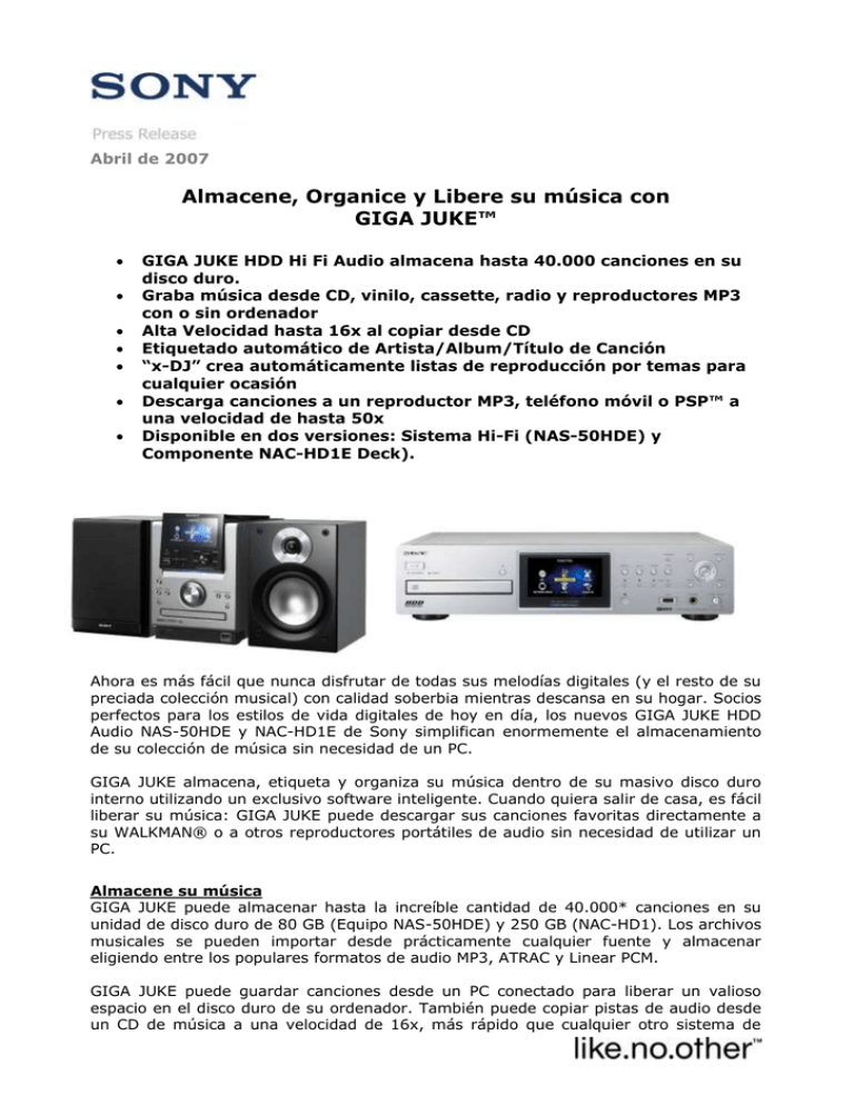 Almacene, Organice y Libere su música con GIGA JUKE™