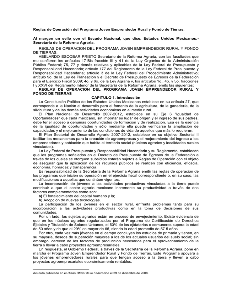 REGLAS de Operación del Programa Joven Emprendedor Rural y
