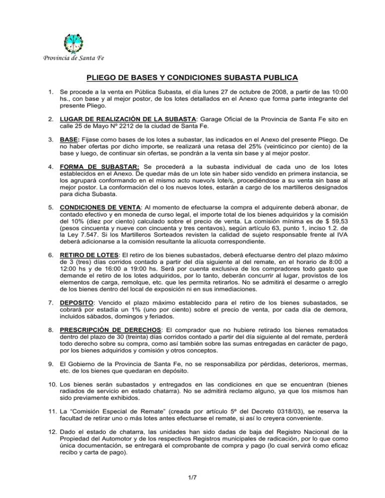 PLIEGO DE BASES Y CONDICIONES DE LA SUBASTA